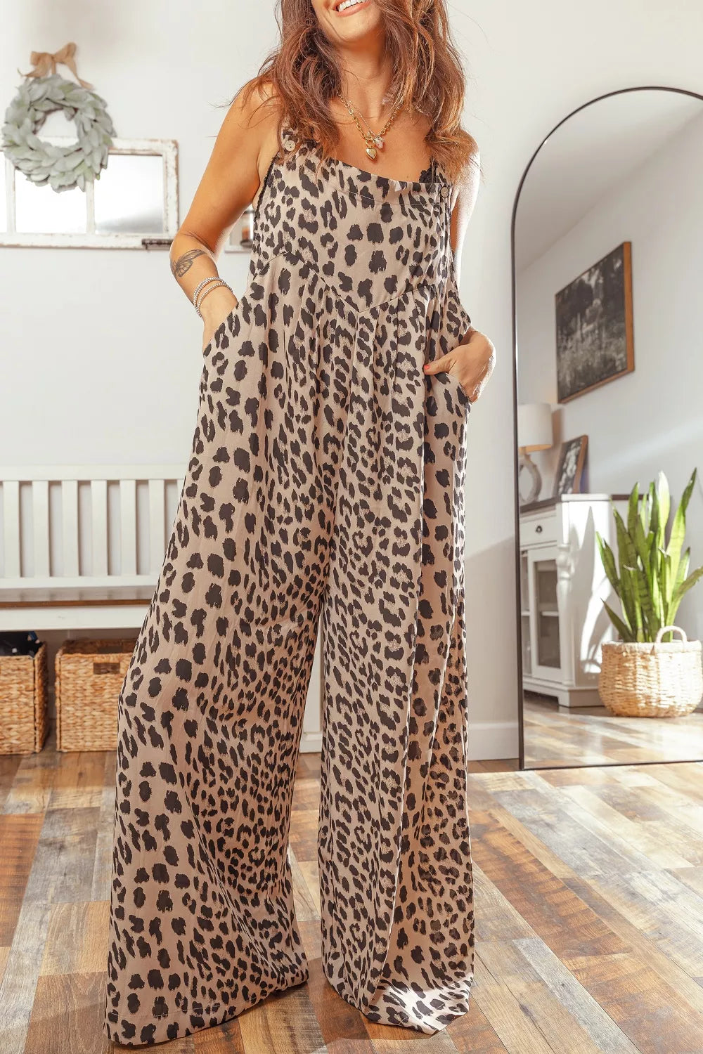 Leopard Print Square Neck Pleated Wide Leg Jumpsuit – Too Blessed to Be ...